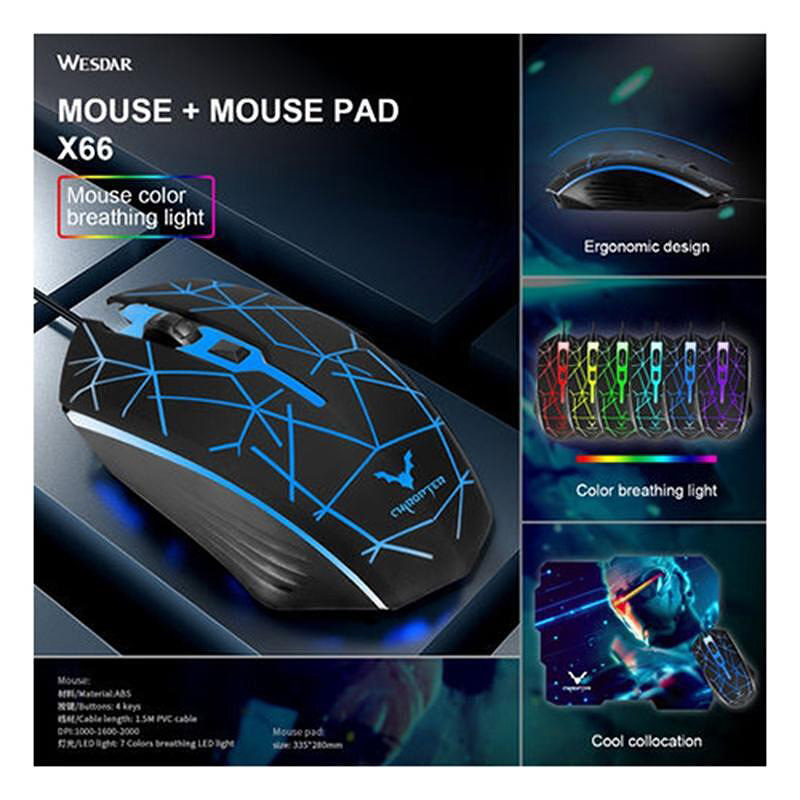 Gaming kit X66, 2in1, wired mouse, pad, WESDAR ⋆ MASTERHAUS