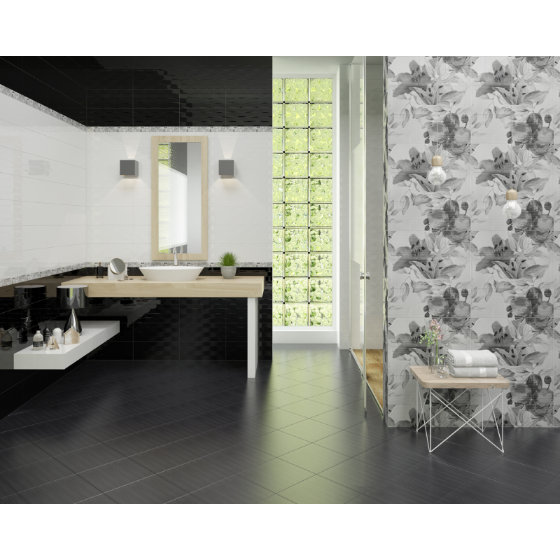 Decor tile Viola Flowers 50/60 cm, set of 3 tiles 20/50 cm, color black ...