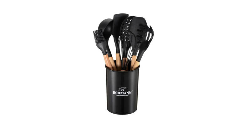 8-piece cooking utensil set with stand, silicone with wooden handles ⋆ ...