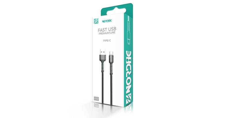 Кабел плетен USB-А/USB-C 40W 2м черен, NORDIC ⋆ MASTERHAUS